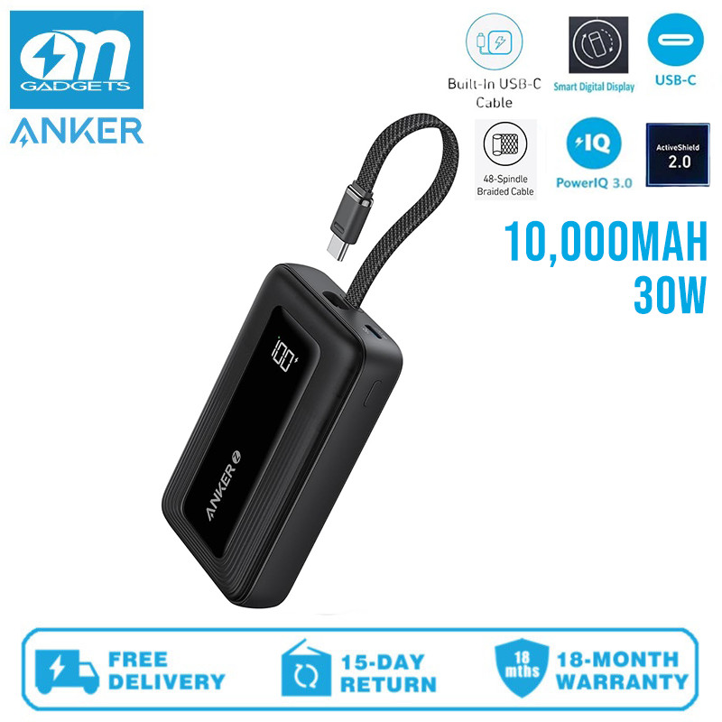 Anker A1688 Zolo Portable Charger, 10,000mAh 30W Power Bank with Built-in USB-C Cable for Travel ...