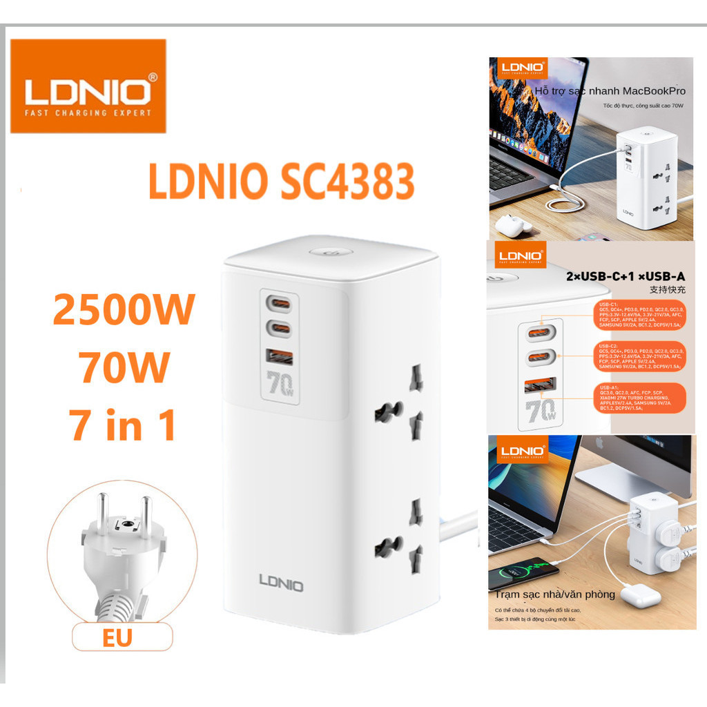Ldnio multi-purpose power outlet SC4383 (4 3-pin plugs + 2 70W Fast ...