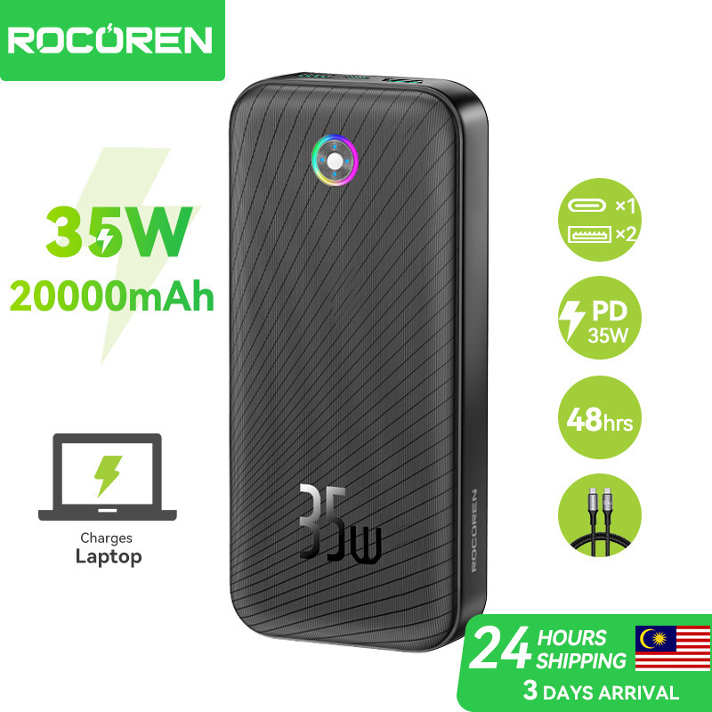 （Malaysia spot)Rocoren 20000mAh PD 35W Three-Port Large Capacity PowerBank Fast charging ...