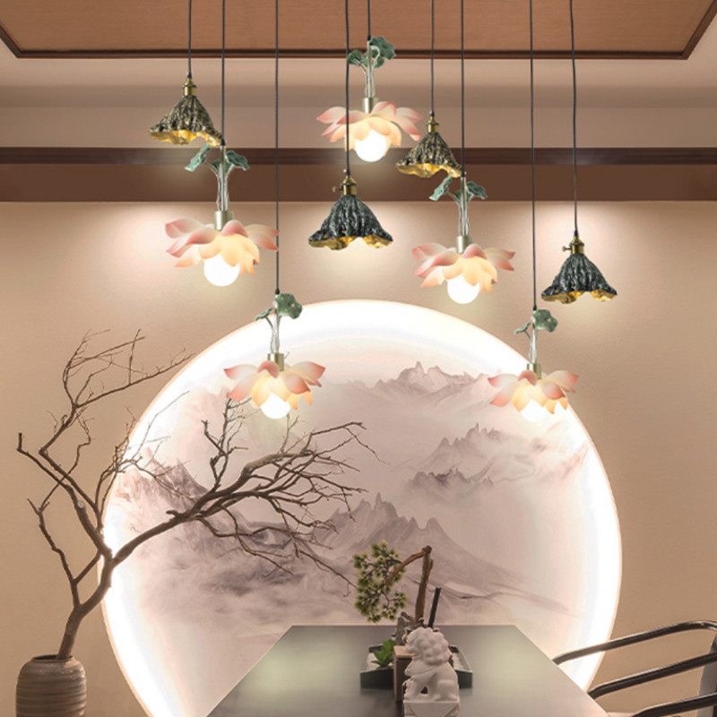 AIMI Chinese Style Lotus Leaf Resin Chandelier Home Lotus Decoration Lamp Restaurant Bedroom Tea ...