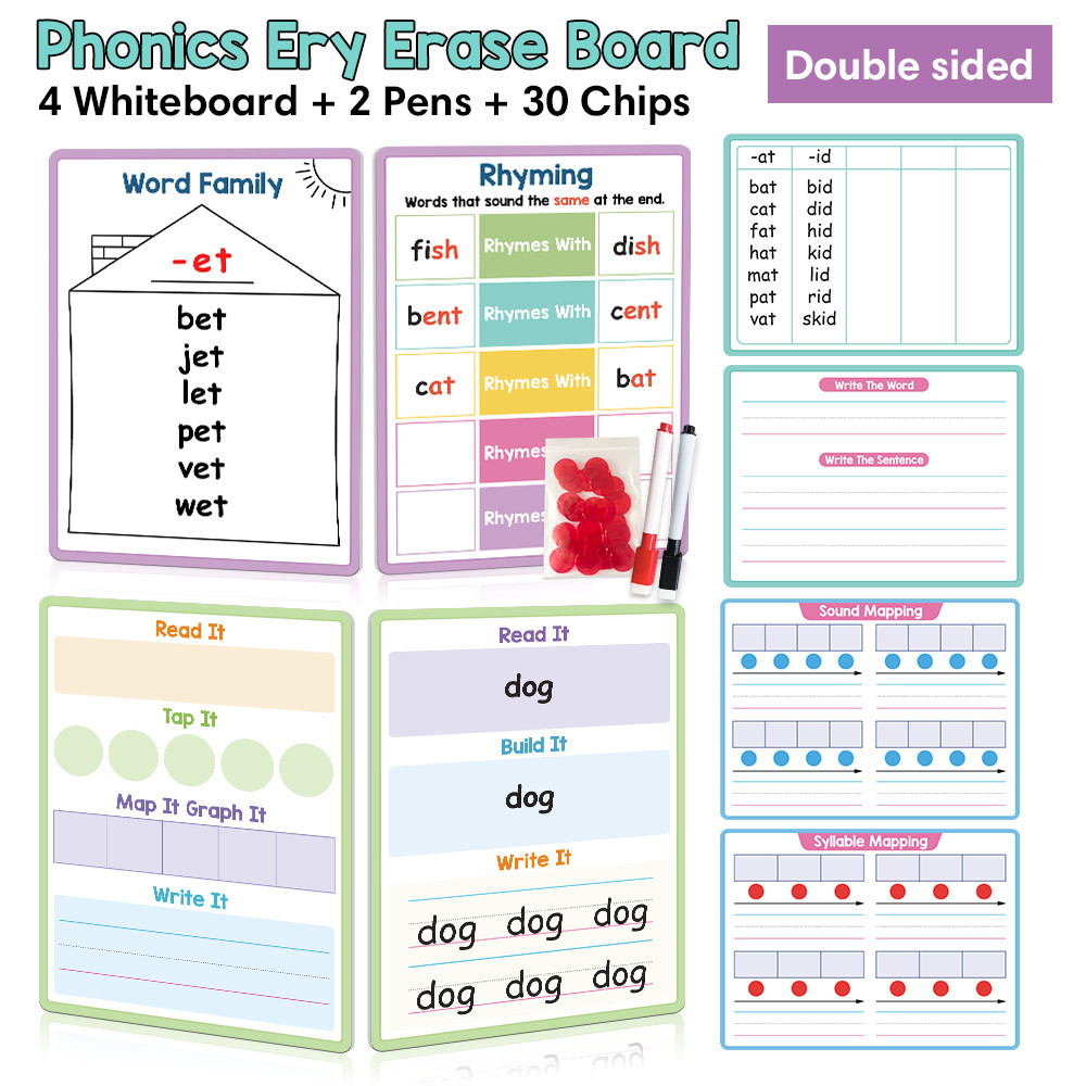 4Pcs Phonics CVC Words White Board for Kids Children Homeschool Double ...