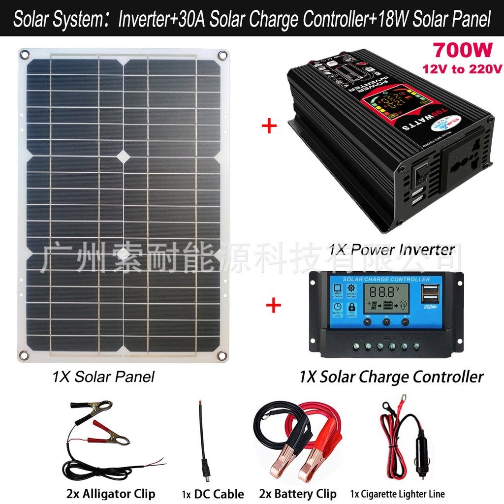 Sistem pakej tenaga Solar 12V: penyongsang 30A pengawal 18W papan ...