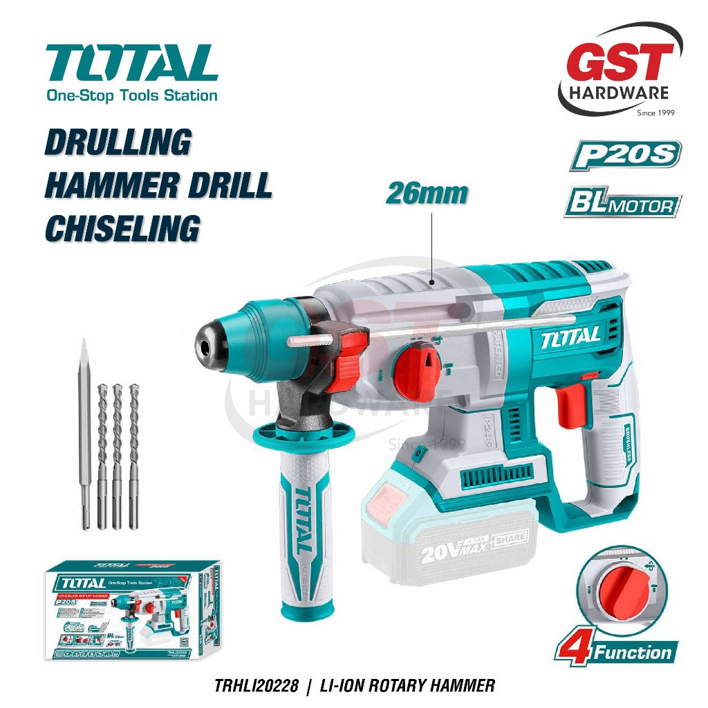 TOTAL TRHLI20228 Li-ion Rotary Hammer Impact Drill Cordless Hammer Drill Hammer Drill Heavy Duty ...