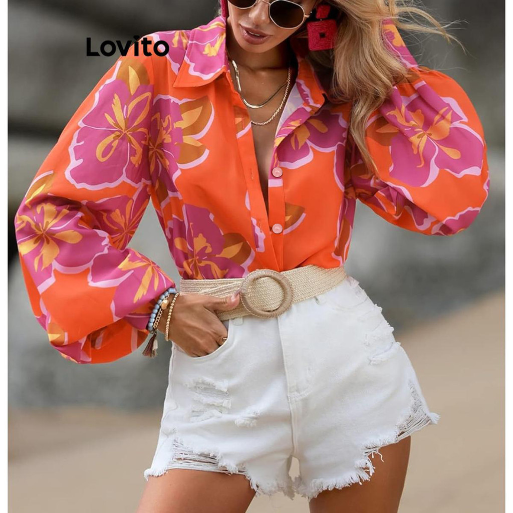 Lovito Boho Tropical Button Pattern Blouse for Women LNL63411 Lovito ...