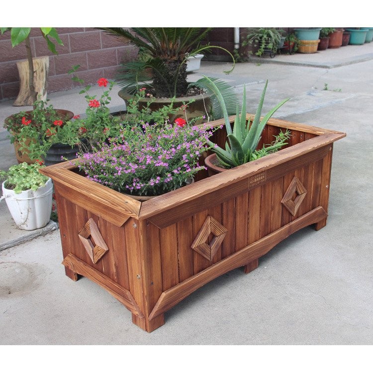 Outdoor Antiseptic Wood Flower Box Long Square Courtyard Planter ...