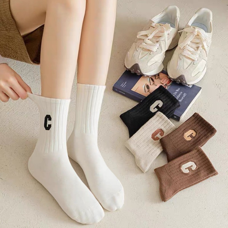 Boneless Suture Sports Cotton Socks Japanese Embroidery Letter C Mid ...