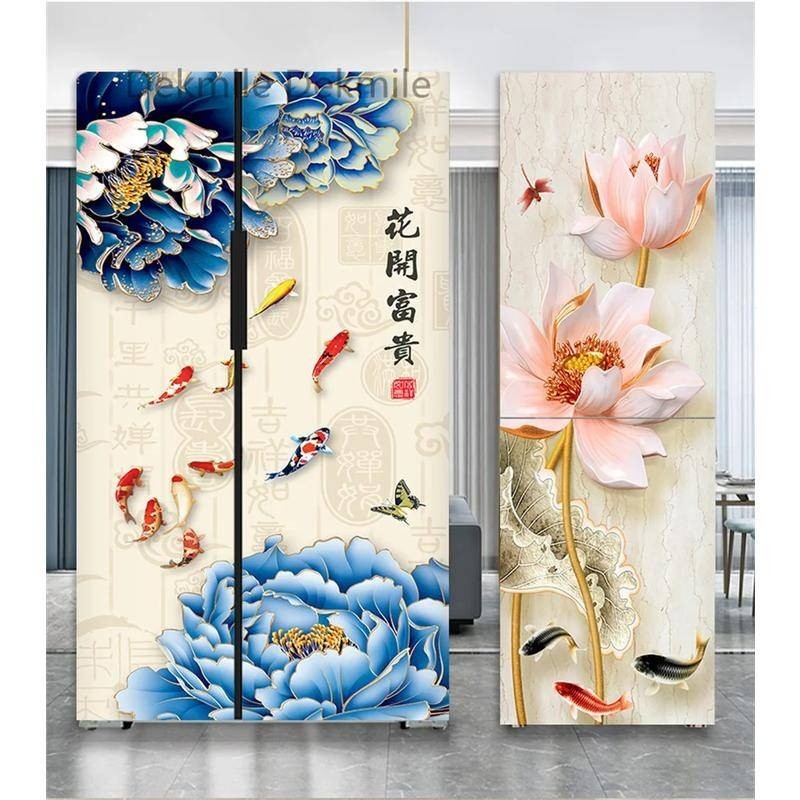 Custom Mural Flower Two door Kitchen Refrigerators Adhesive Vinyl ...
