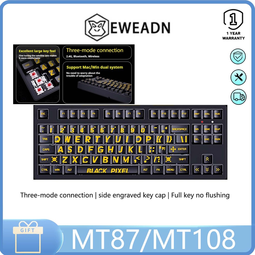 EWEADN MT87/MT108 Black and gold three-mode mechanical keyboard Long life full key no impact ...