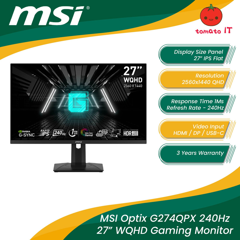 MSI Optix G274QPX 27" WQHD 240Hz Flat Gaming Monitor - IPS/1ms/HDMI/DP ...
