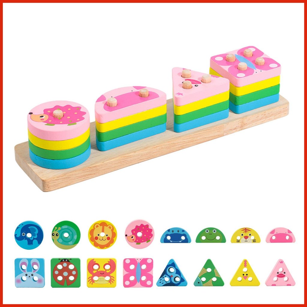 Wooden Sorting Stacking Toys Shape Color Recognition Blocks 16X Animal ...