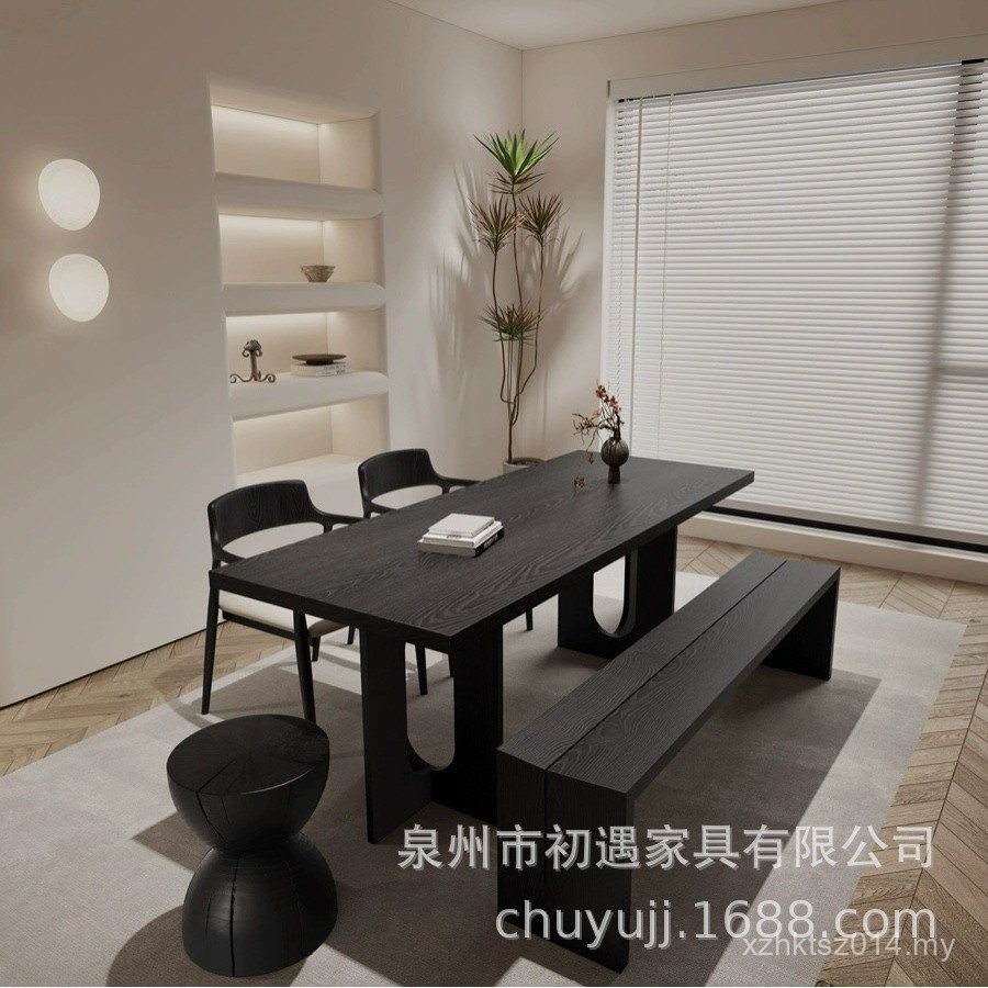 Nordic Silent Style Black Solid Wood Dining Table Log Rectangular Desk ...