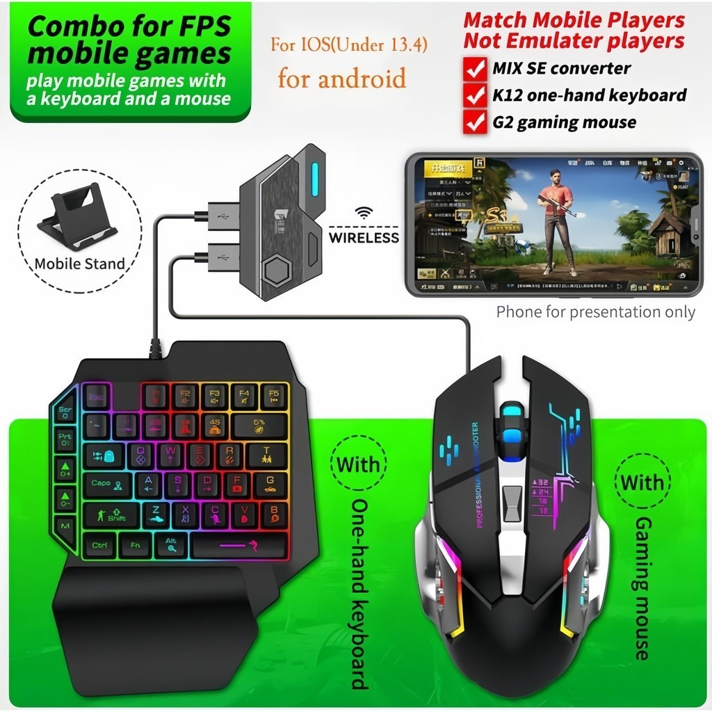Mobile Gaming Keyboard Mouse Converter Set 4 in 1 handed keyboard and ...