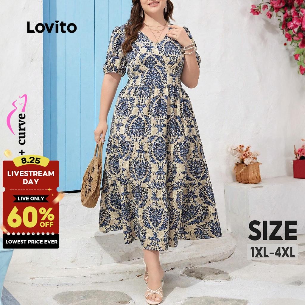 Lovito Plus Size Curve Boho Dress Tribal Print Pattern Smocked Summer ...