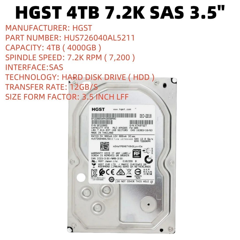 HUS726040AL5211 0F22805 HGST 4TB 7.2K 12G LFF 3.5" SAS Enterprise Hard ...