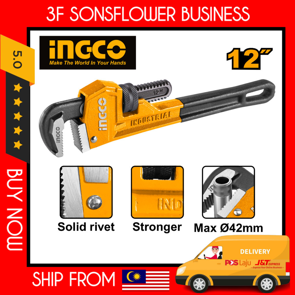 INGCO Pipe Wrench 12" Heavy Duty Straight Pipe Wrench, Adjustable ...