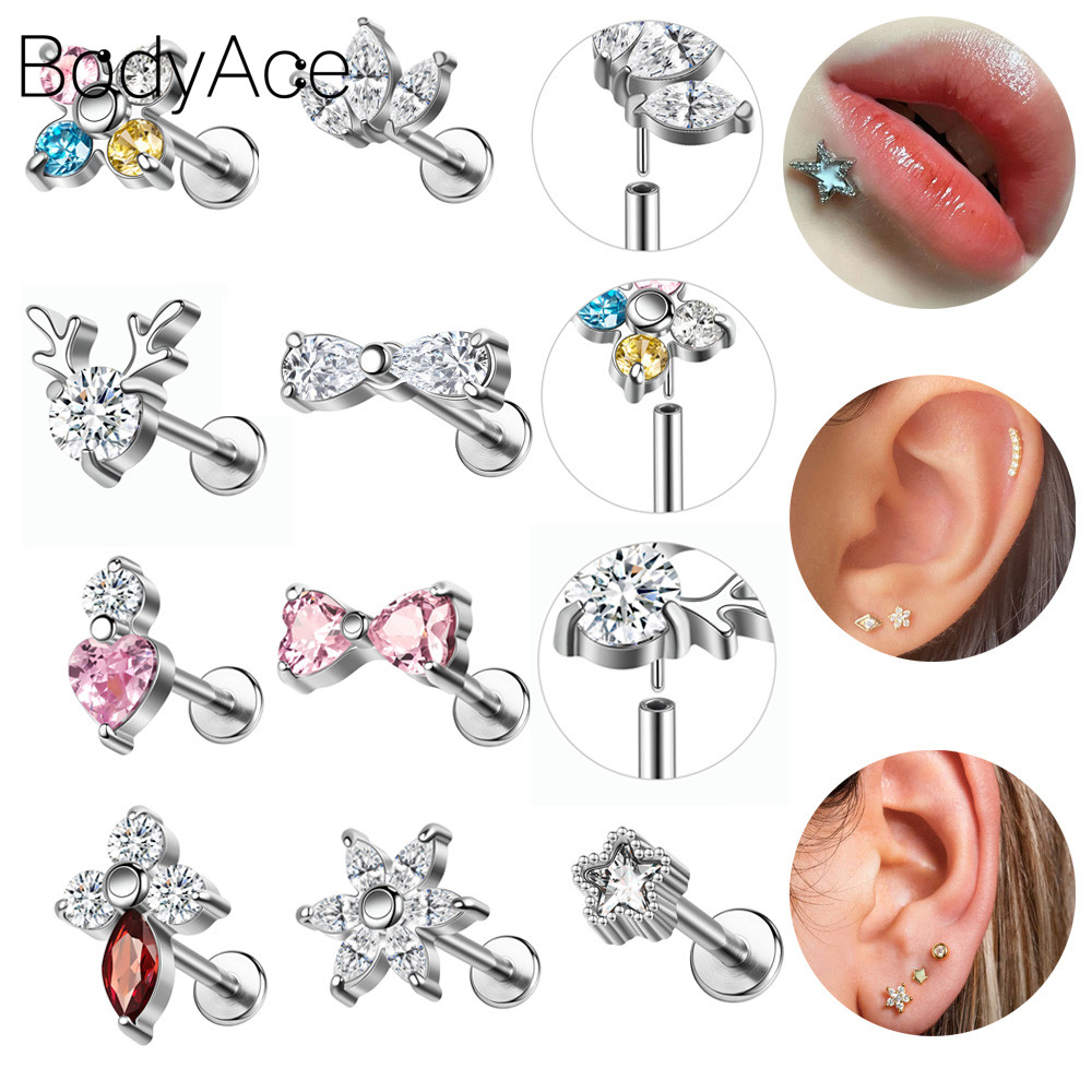 Bodyace 1 Pc 16G Lip Stud Stainless Steel Lip Piercing Crystal Labret ...