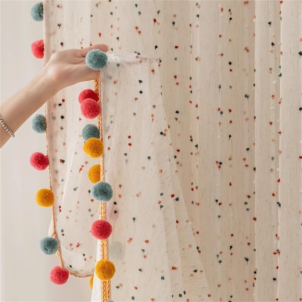 Boho Rainbow Sheer Curtain with Colorful Pom Pom Voile Drapes Light ...