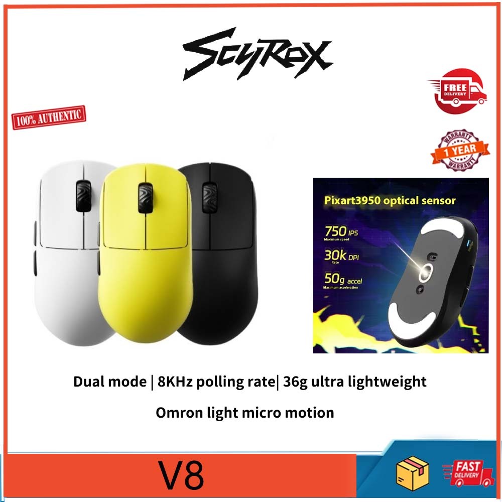 SCYROX V8 pore free ultra lightweight wireless gaming mouse, pixart 3950 sensor, 8K polling rate ...