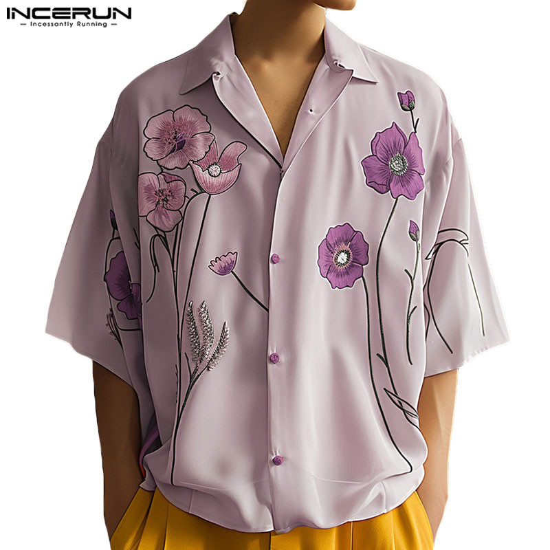 INCERUN Men Vintage Casual Fashionable Floral Design Prints Half Sleeve ...