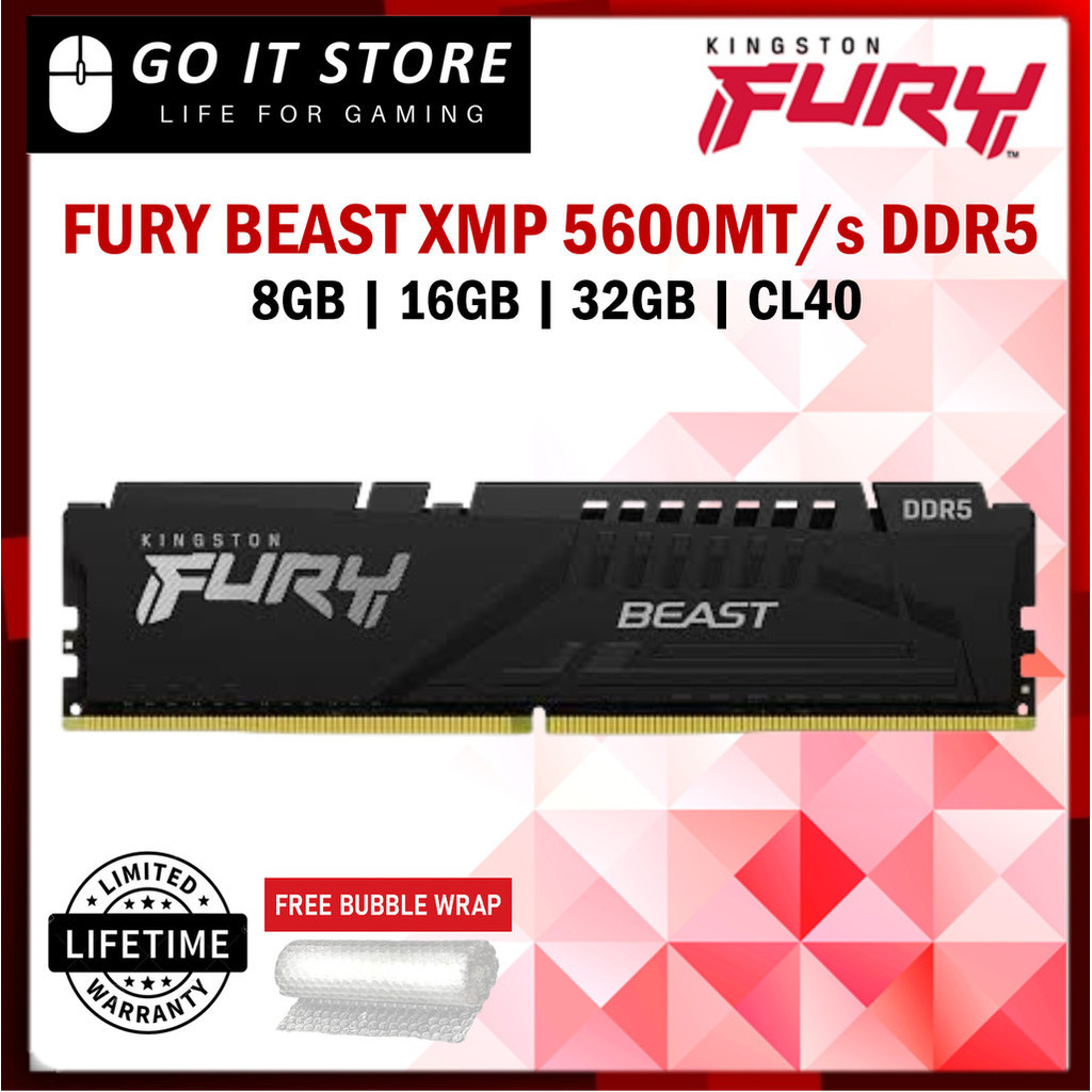 Kingston DDR5 5600MT/s 8GB / 16GB / 32GB CL40 FURY Beast Black XMP Memory (KF556C40BB-8 ...