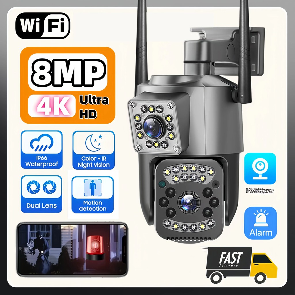 8MP 4K HD Dual Lens WiFi IP Camera Night Vision Ai Human Detect PTZ Outdoor Video Camara ...