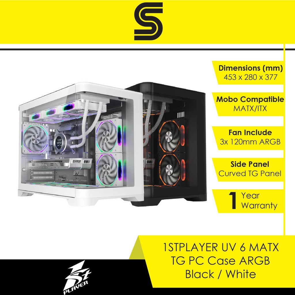 1STPLAYER UV 6 Micro-ATX TG 3x 120mm ARGB Fans PC Case - Black | White ...