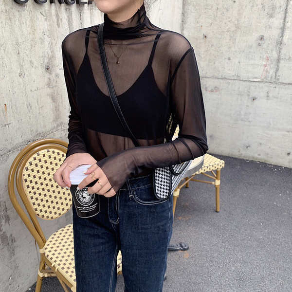 inner neck inner inner baju Baju kemeja mesh nipis wanita leher tinggi ...
