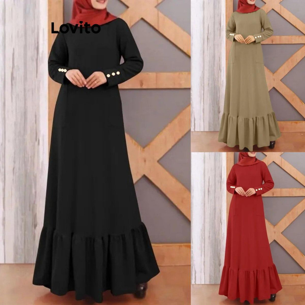 Lovito Modest Plain Structure Line Muslim Dresses for Women LNE61330 ...