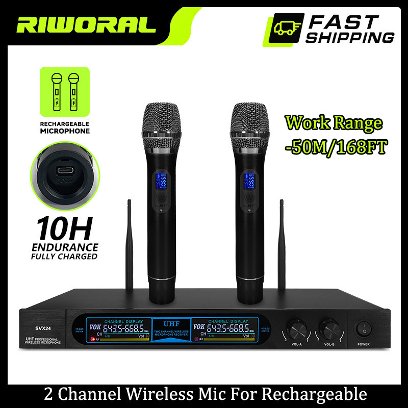 UHF Wireless Microphone System 2 Dual Handheld Mic Set Work Range 50m ...