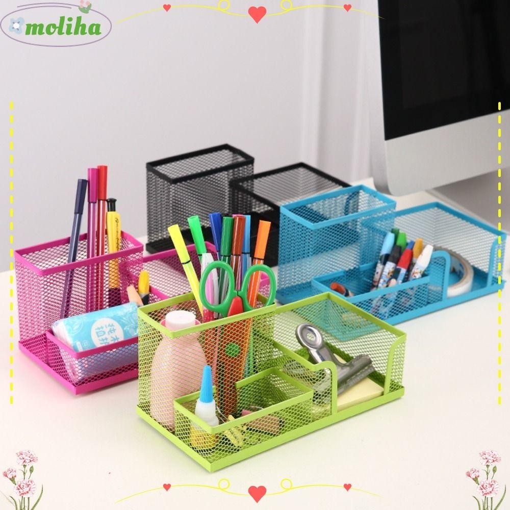 MOLIHA Black Mesh Pen Holder 3/4 Grids Office Desk Top Stationary Card ...