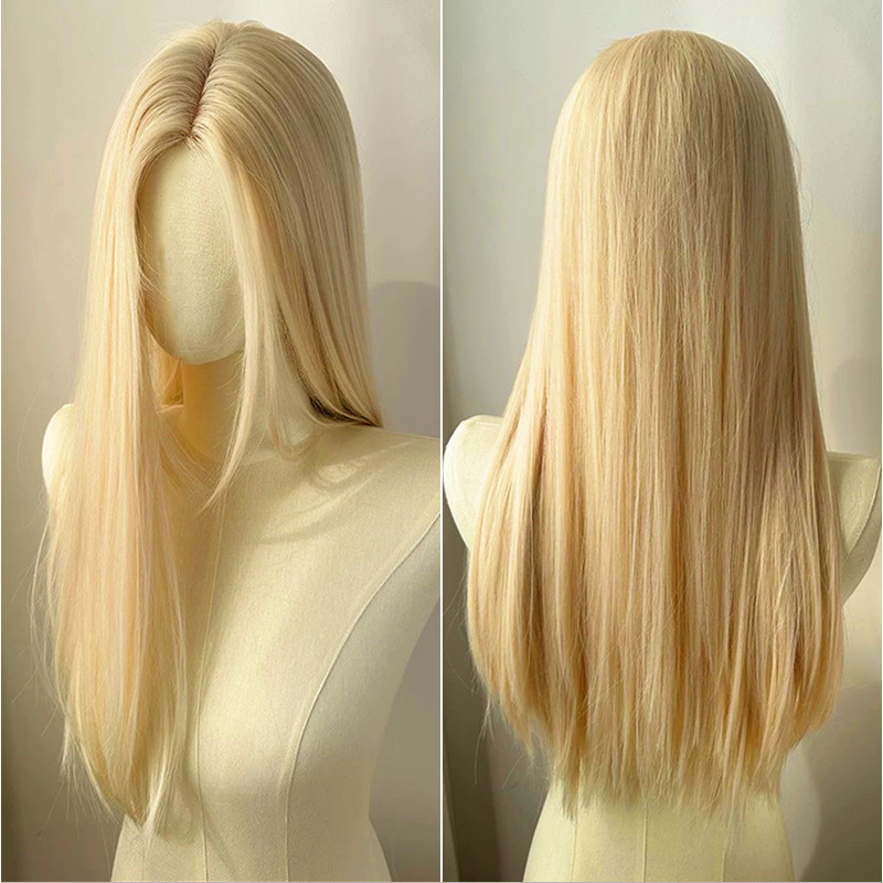 70cm Light Blonde Long Straight Wig No Bangs Synthetic Cosplay Wig for ...