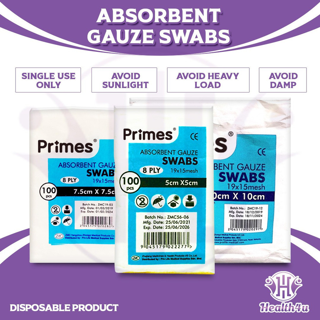 Primes Absorbent Gauze Swabs (8 Ply 19 x 15 mesh) / Swab Kasa Penyerap ...