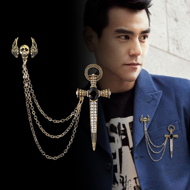 Cross of Swords Male Corsage Wings Brooch Skull Pin Suit Accessories ...