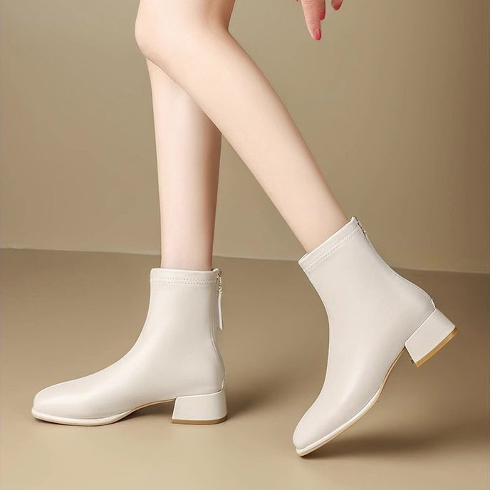 Women's boots Korean Fashion Square HeadPUBack Zipper Chunky Heel ...