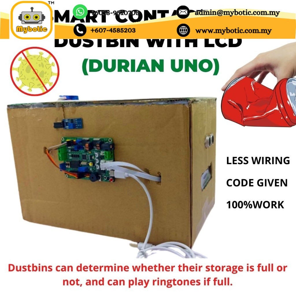 Arduino STEM RBT project: Arduino SMART CONTACTLESS DUSTBIN WITH LCD USING DURIAN UNO | Shopee ...
