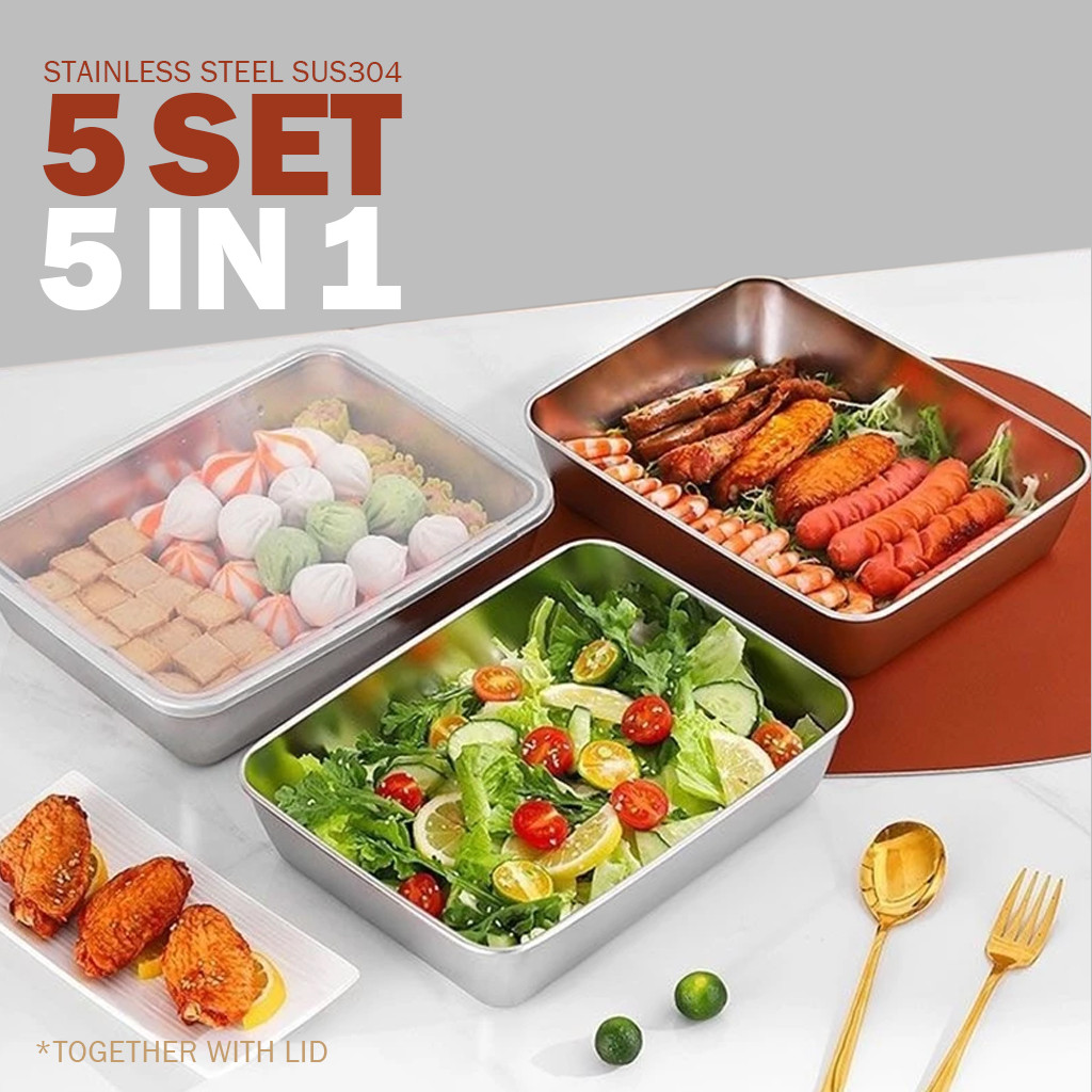 B2U Stainless Steel Thickened Plate Tray Set with Lid Cover Food ...