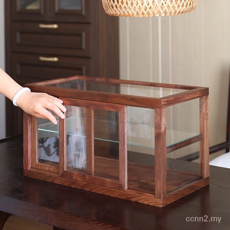 Kabinet paparan kayu pepejal buah walnut hitam, set teh gaya retro Cina ...