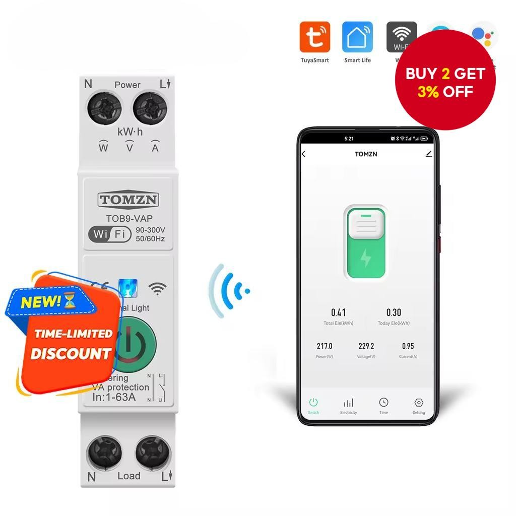 TUYA 63A WiFi MCB Smart Circuit Breaker Over Current Under Voltage Protection Power Metering ...