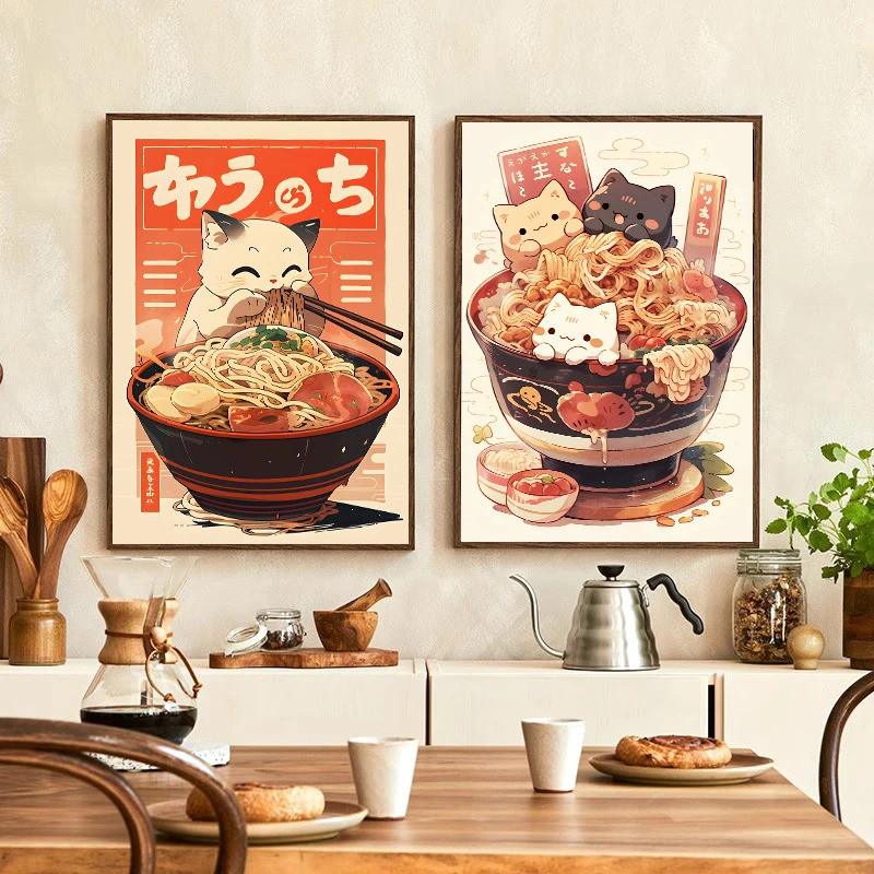 Kawaii Jepun Ramen Haiwan Kucing Poster Lukisan Kanvas Dan Cetakan Mi ...