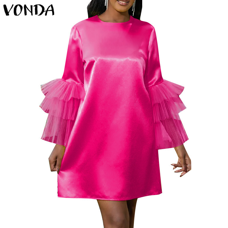 VONDA Women Vintage Casual Round Neck Ruffled Sleeves Patchwork Dresses ...