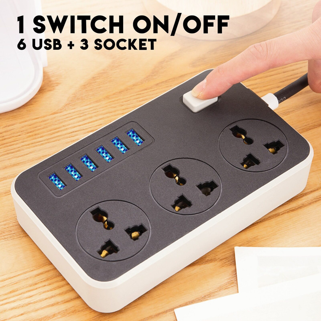 Electric Socket Extension Cords Elektrik Soket Panjang 6 USB Port 3 ...