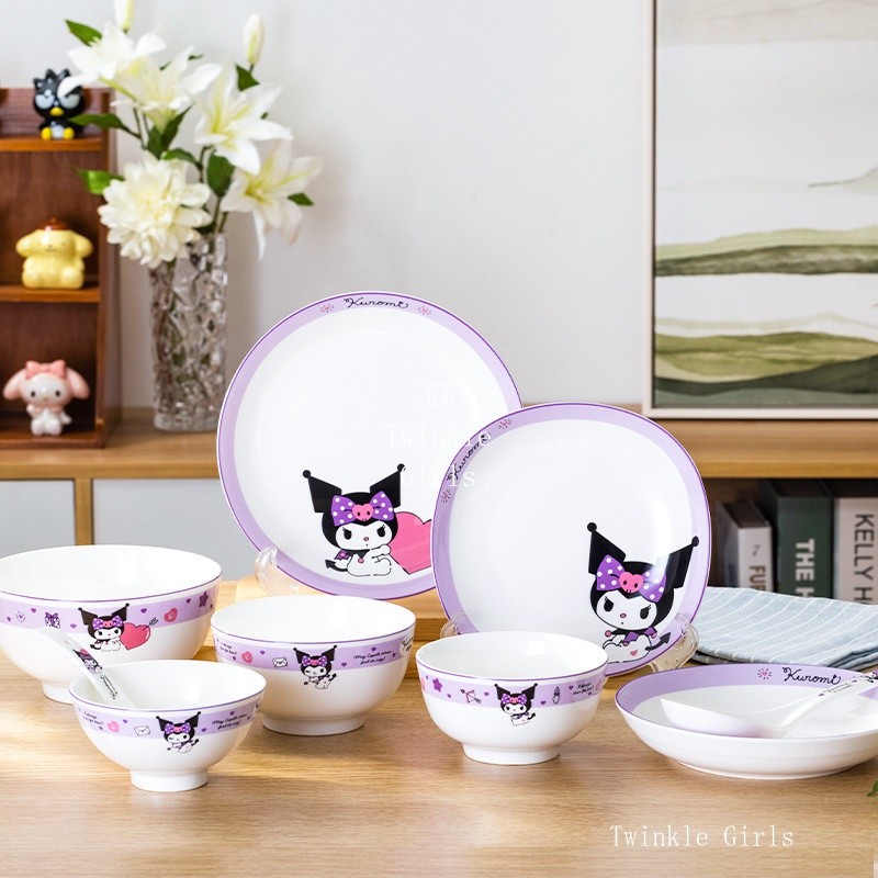 Genuine Cute Kuromi Ceramic Bowl Plate Spoon Microwaveable Dinnerware ...
