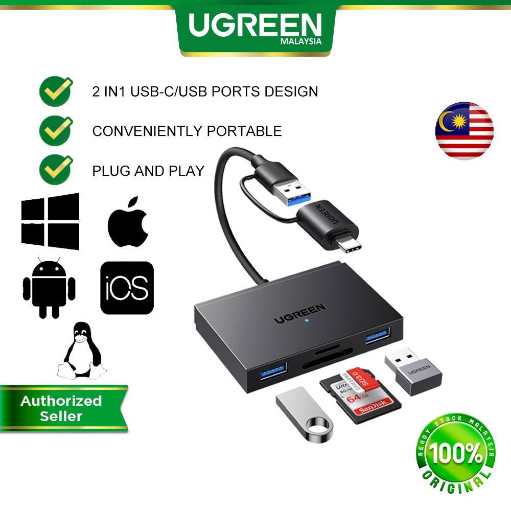 UGREEN 4 in 1 SD TF Card Reader USB C USB 3.0 Dual Connector OTG Adapter 5Gbps USB A For iPhone ...