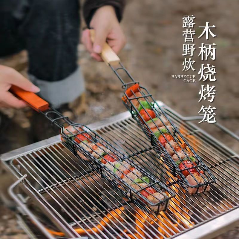 Wooden Handle Barbecue Cage Hot Dog Sausage Barbecue Clip Outdoor CampingBBQStainless Steel ...