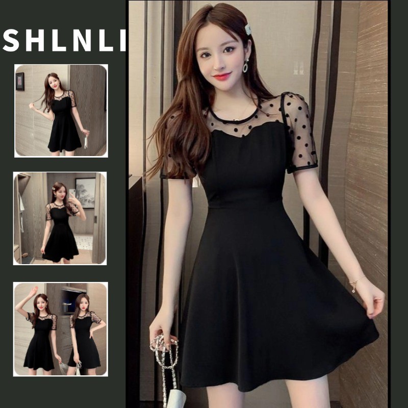 Splicing Fake Two Piece Hepburn Dress Women's Summer French Slim Mesh ...