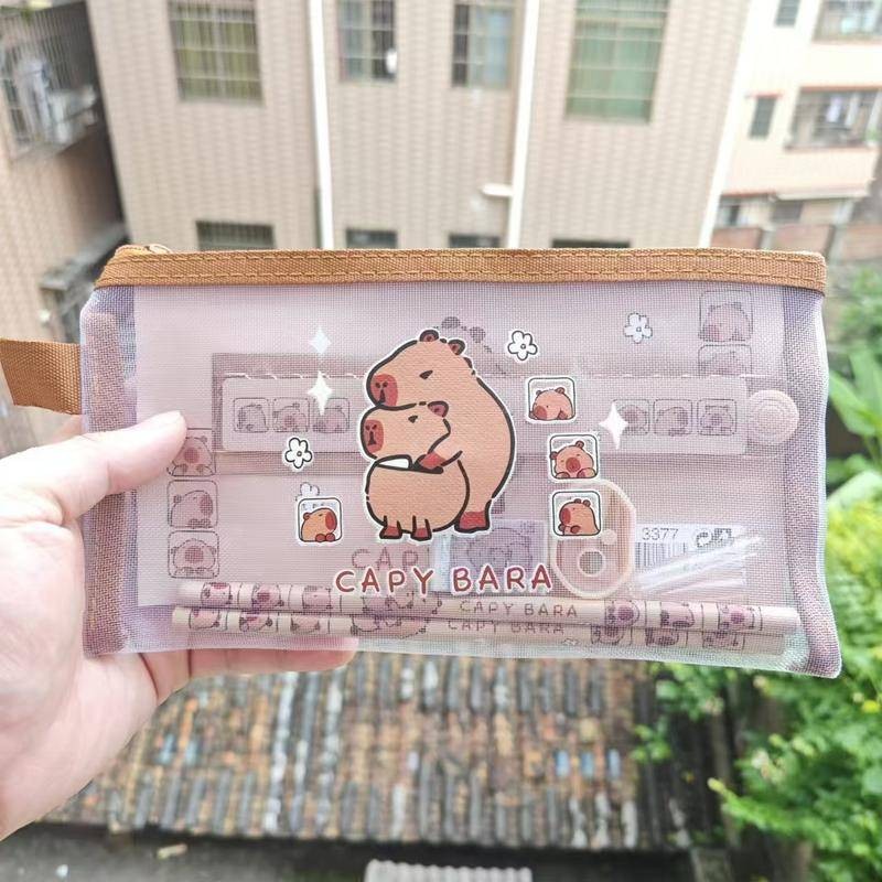 2024 Capybara Stationery Set Mesh Pencil case eraser ruler Stationery ...