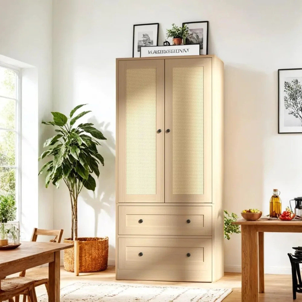 Pantry Dapur Oak Rotan, Kabinet Penyimpanan Tinggi 64.2" Dengan Pintu ...