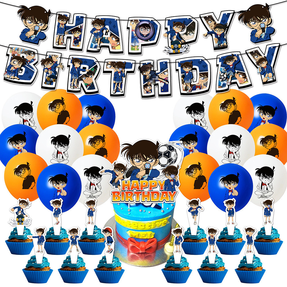 Jom Party Conan Case Closed Happy Birthday Banner Balloons Cupcake ...