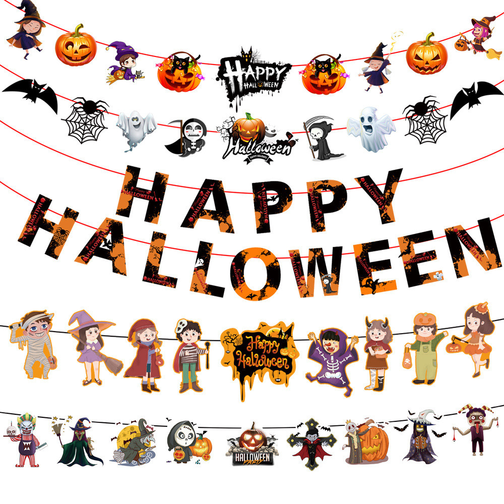 Happy Halloween Paper Banner Horror Bat Pumpkin Witch Skull Halloween ...
