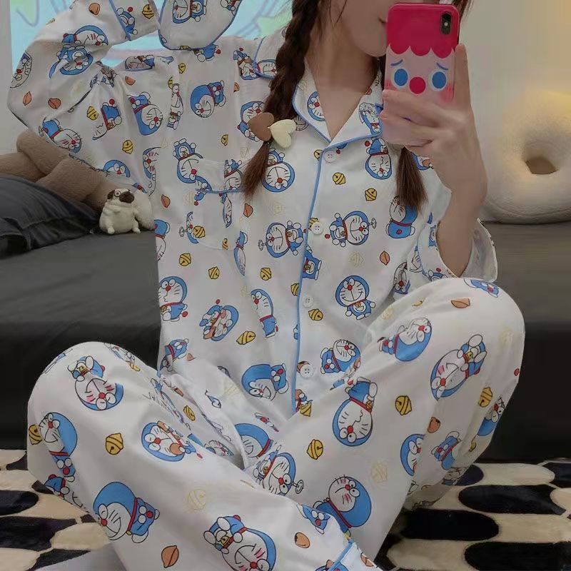 哆啦a梦睡衣女春秋季卡通学生宽松慵懒风长袖家居服套装Doraemon Pajamas Female Spring Autumn Cartoon ...